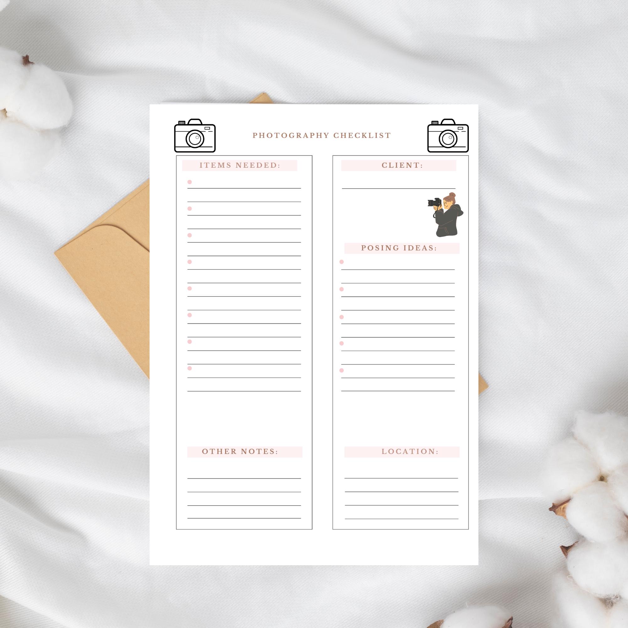 Photography Checklist Template: Photographer Planner (printable PDF) - Etsy