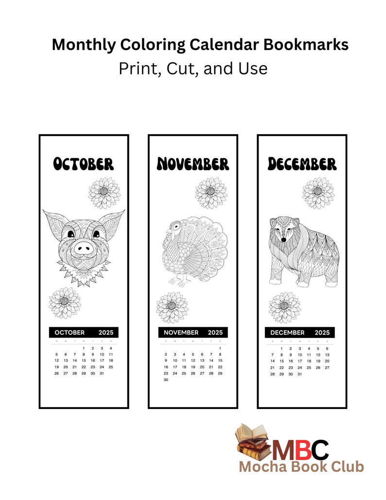 2025 Monthly Coloring Calendar Bookmark, New Year, Monthly Bookmarks ...
