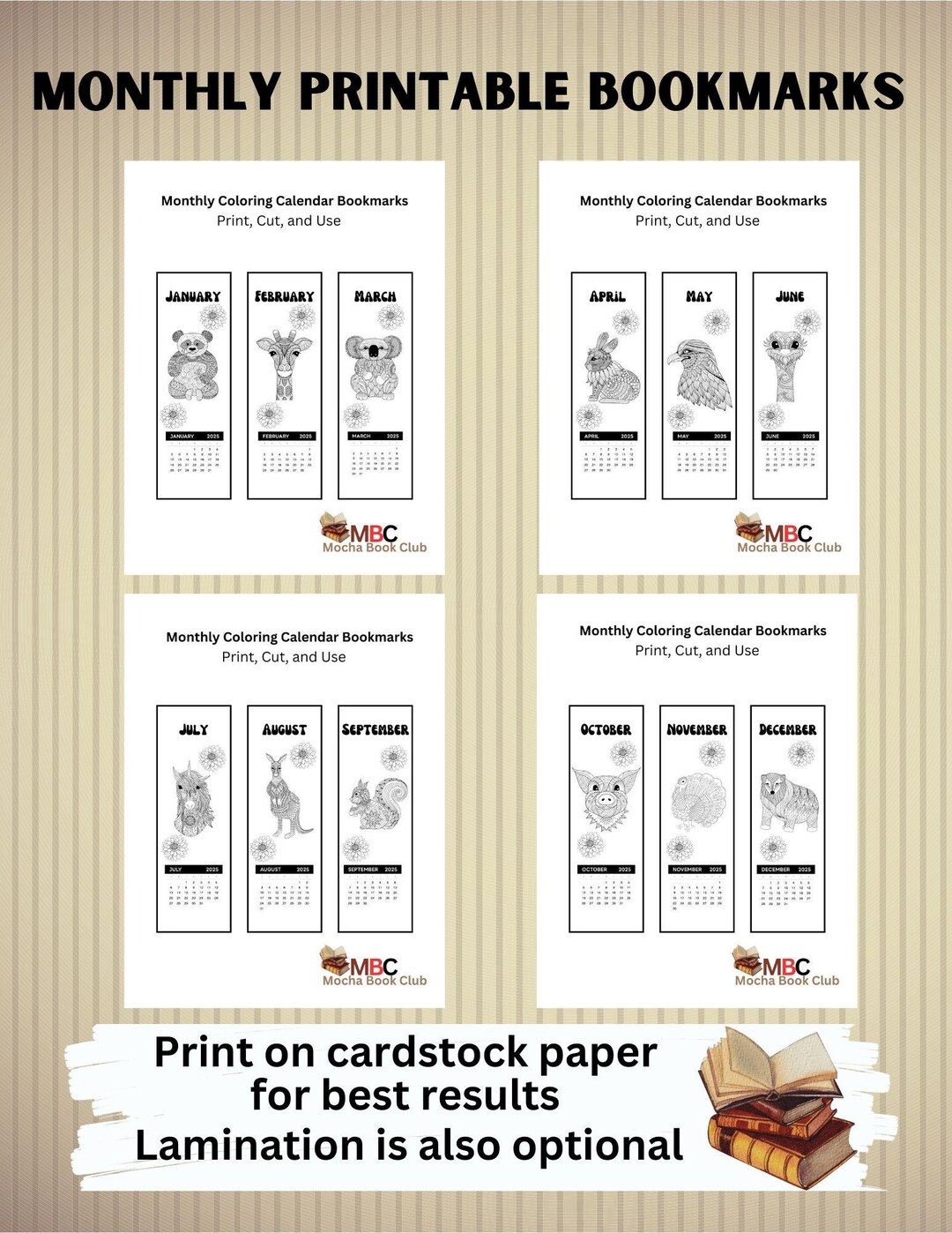 2025 Monthly Coloring Calendar Bookmark, New Year, Monthly Bookmarks ...