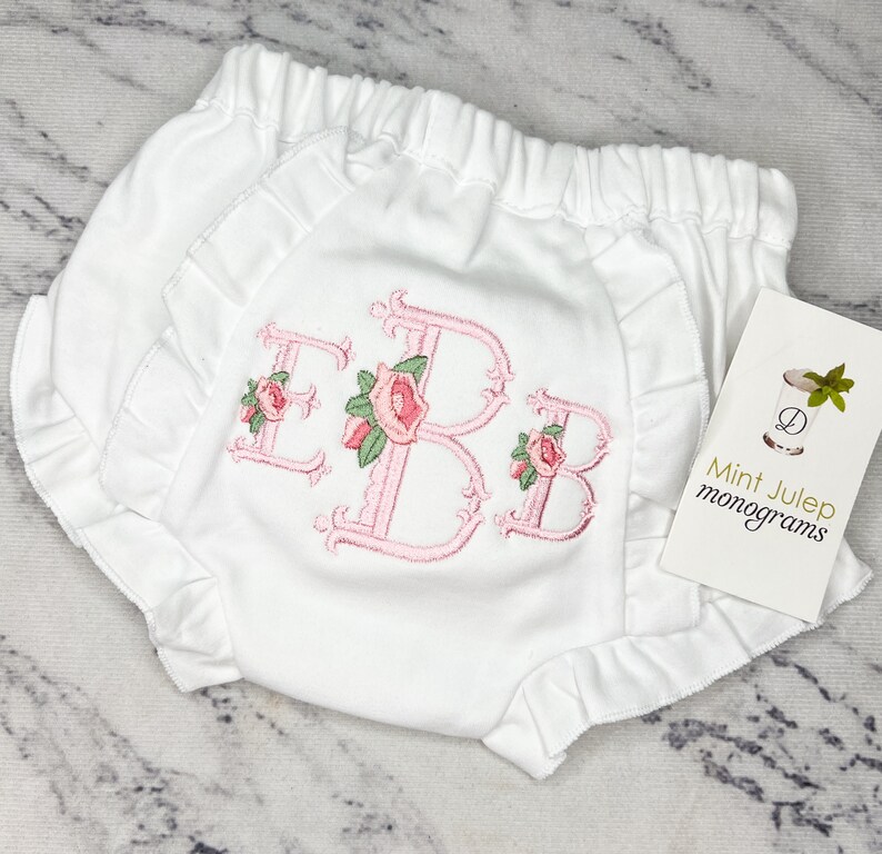 Ruffle Trim Baby Bloomers With Scalloped Floral Fishtail Monogram- Mint ...
