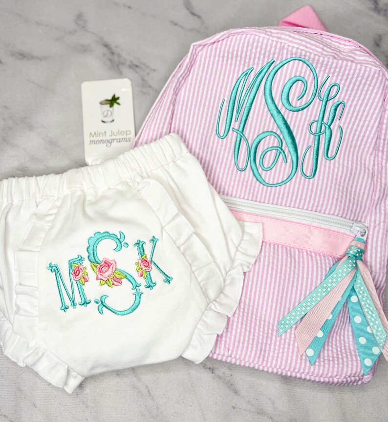 Ruffle Trim Baby Bloomers With Scalloped Floral Fishtail Monogram- Mint ...