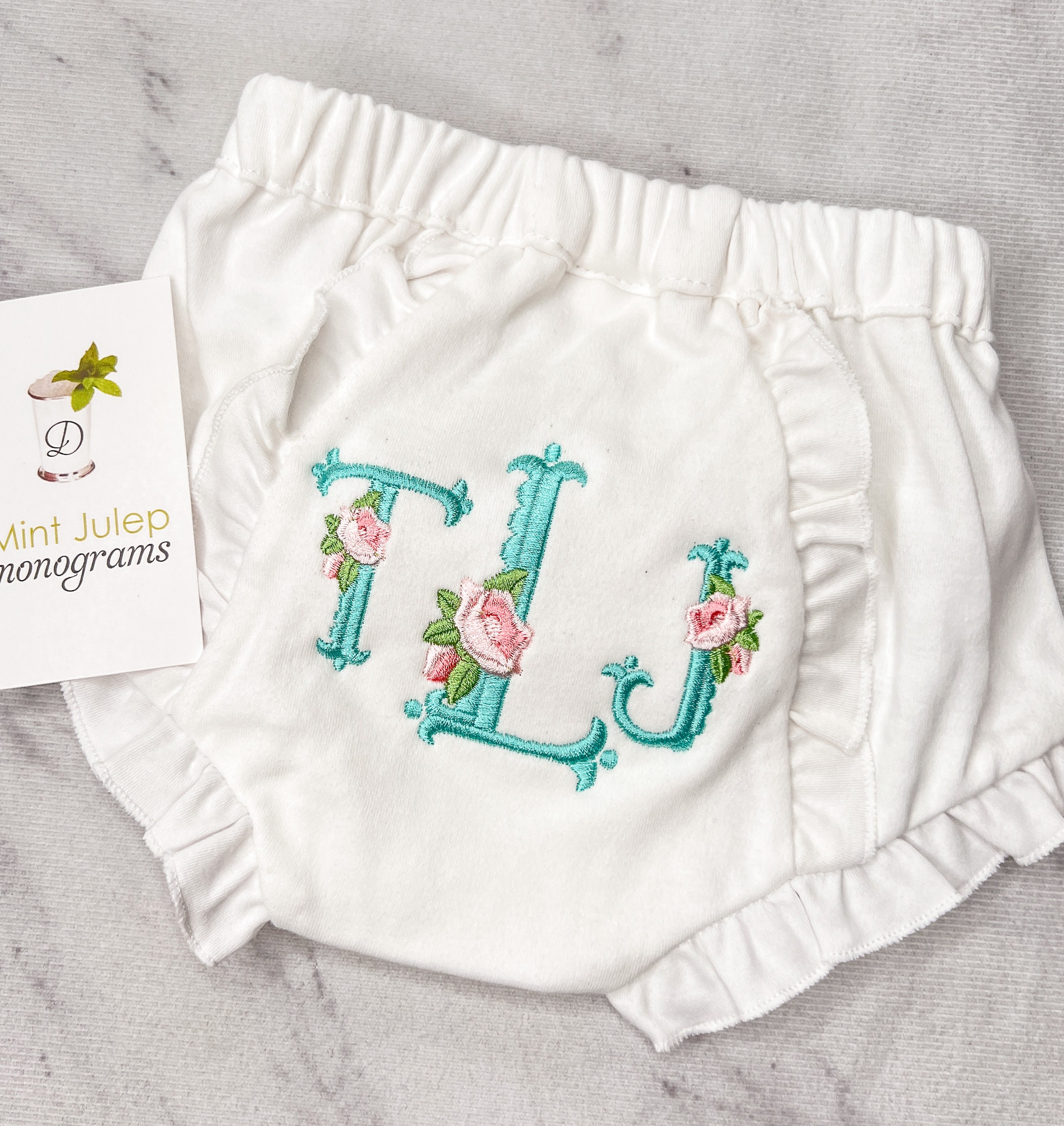 Ruffle Trim Baby Bloomers With Scalloped Floral Fishtail Monogram- Mint ...
