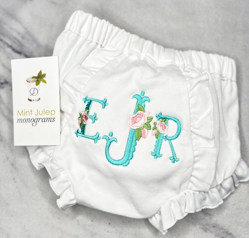 Ruffle Trim Baby Bloomers With Scalloped Floral Fishtail Monogram- Mint ...