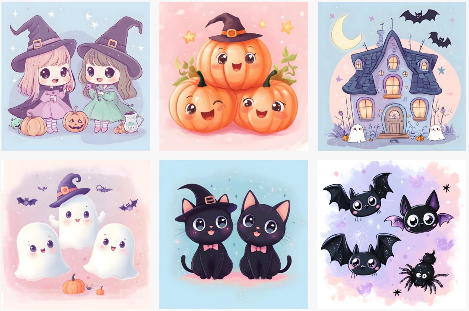 Kawaii Halloween Digital Art Bundle, Cute Ghosts, Pumpkins, Black Cats ...