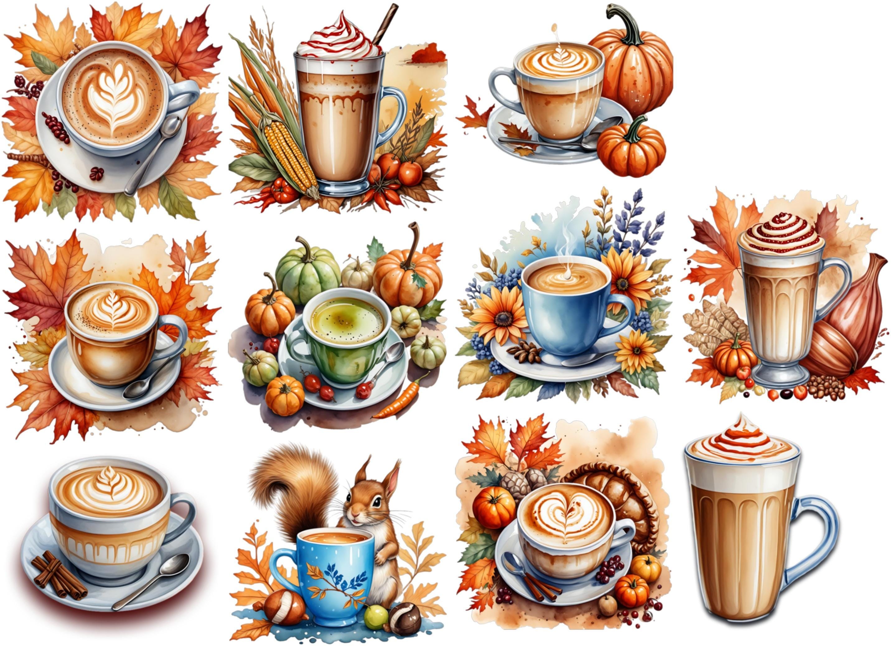 Fall Coffee Clip Art for Thanksgiving Wall Art and Tumbler Wrap Instant ...