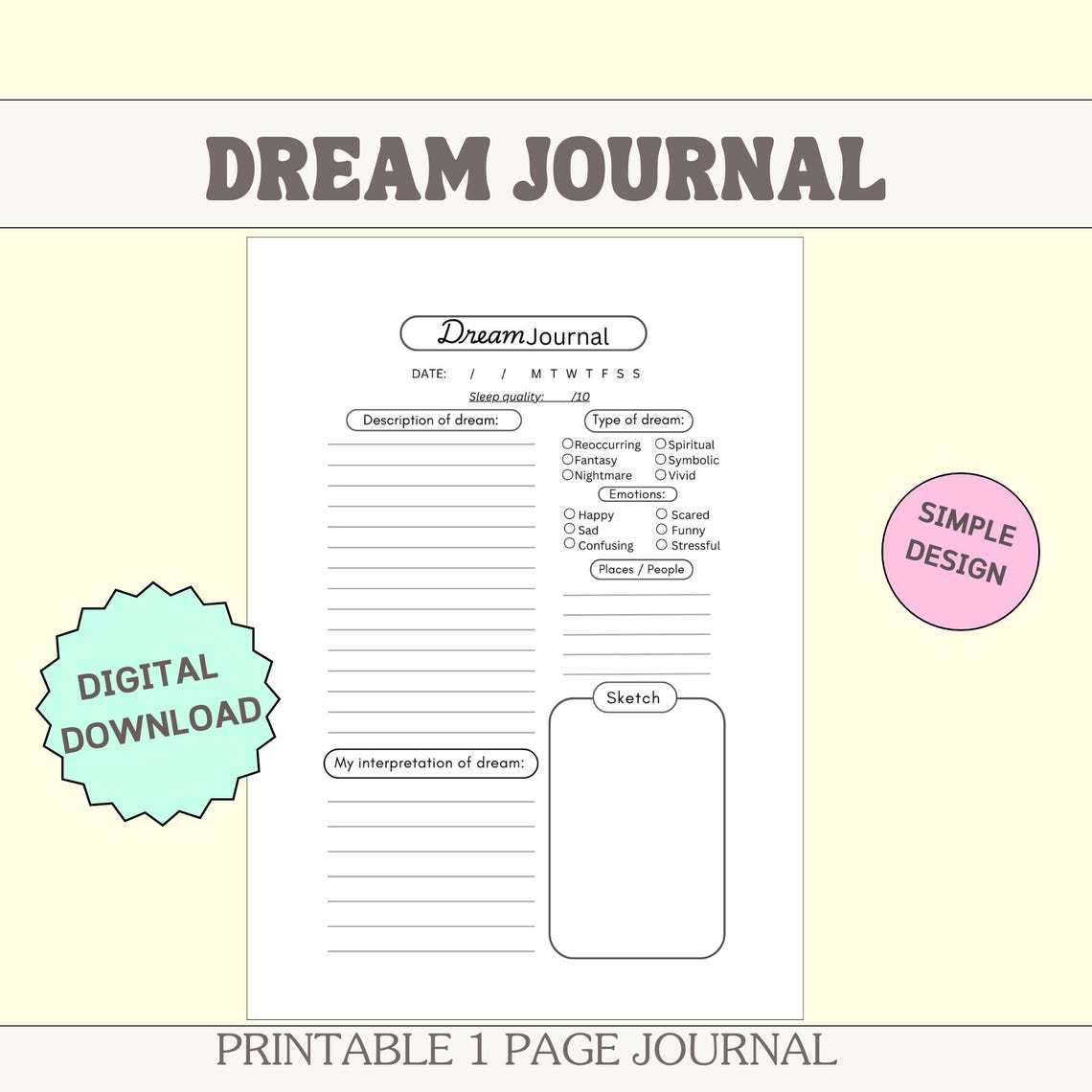 Printable Dream Journal L Digital Instant Download L Simple Dream Sleep ...