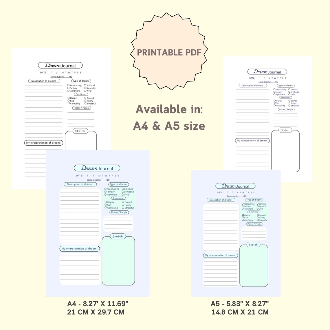 Printable Dream Journal L Digital Instant Download L Simple Dream Sleep ...