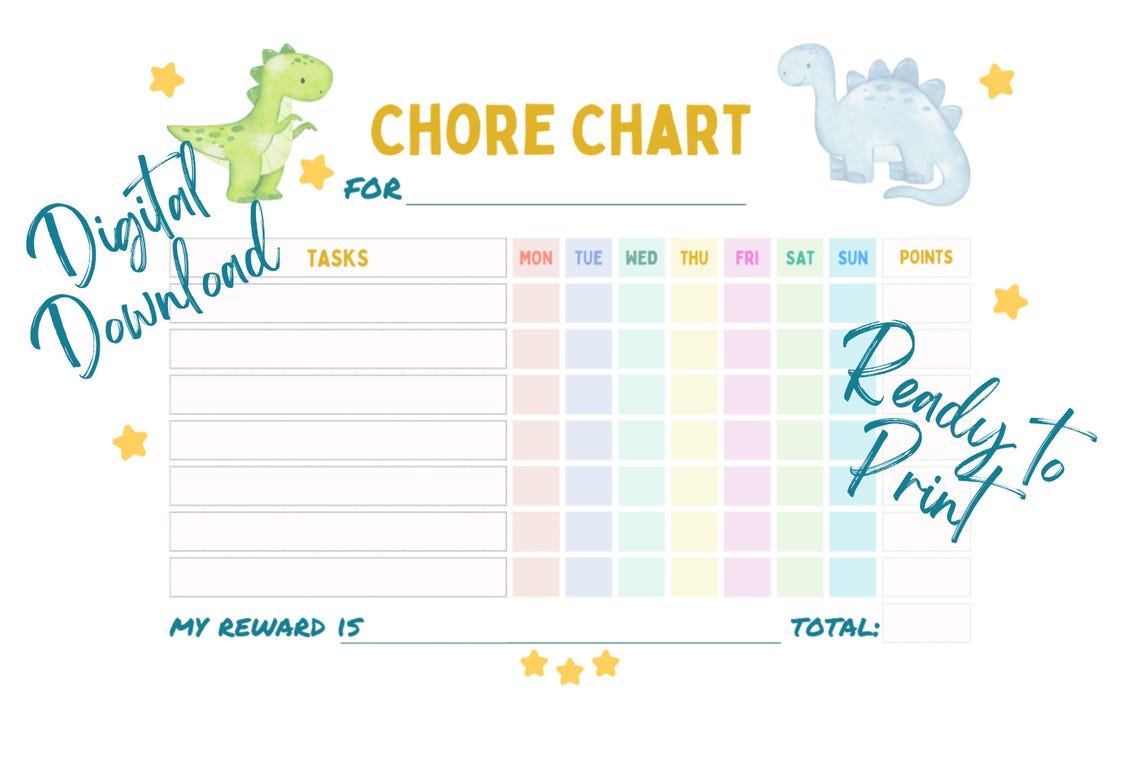 Dinosaur Chore Chart for Kids Printable Chore Tracker Fun Kids Reward ...