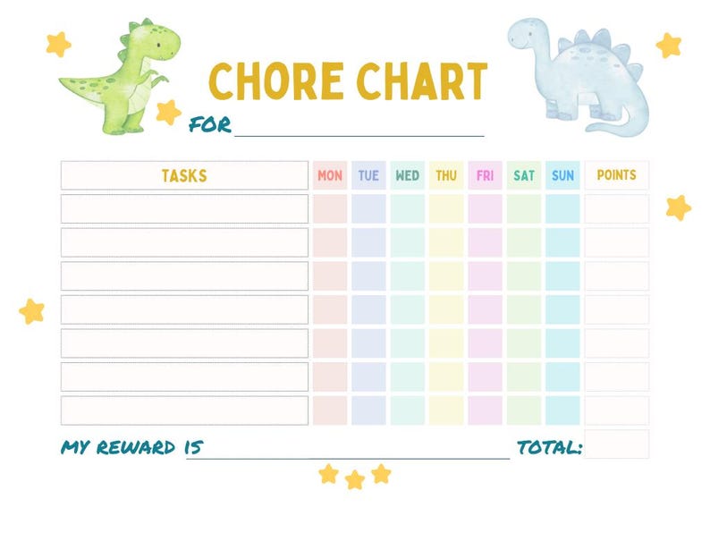Dinosaur Chore Chart for Kids Printable Chore Tracker Fun Kids Reward ...
