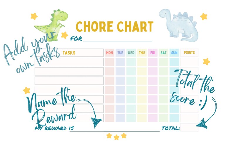 Dinosaur Chore Chart for Kids Printable Chore Tracker Fun Kids Reward ...