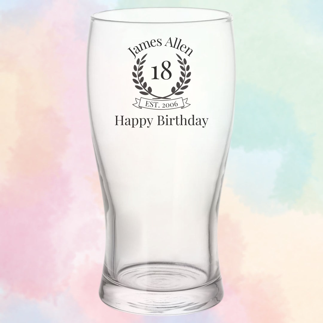 Personalised Birthday Pint Beer Glass - Wreath Banner Birth Year ...