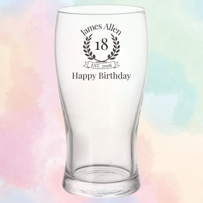 Personalised Birthday Pint Beer Glass - Wreath Banner Birth Year ...