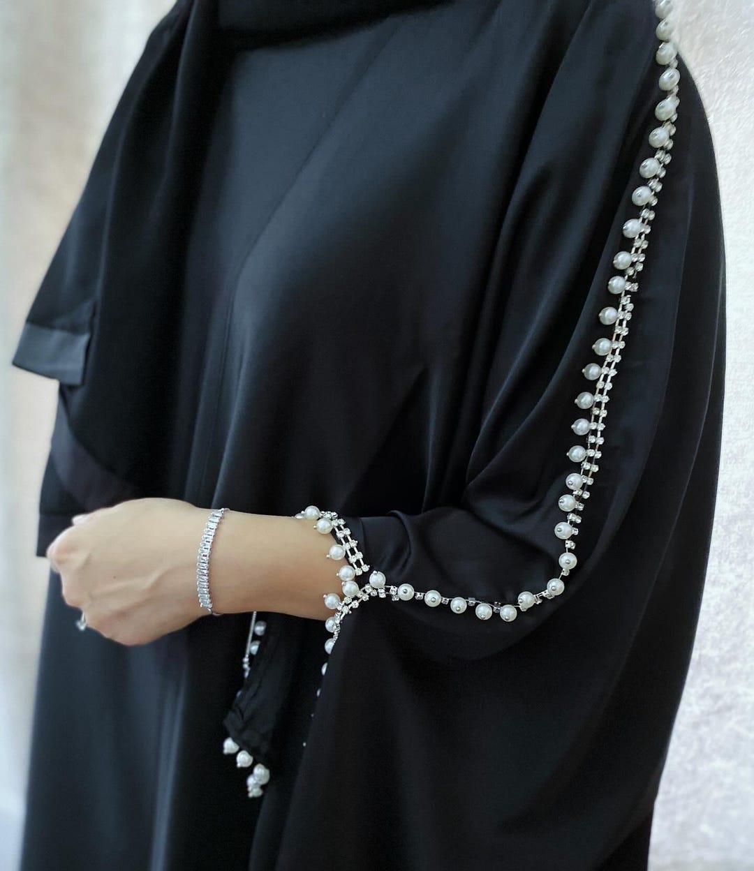 Luxury Pearl and Diamond Abaya, Silk, Satin, Butterfly, Batwing Abaya, Eid, Ramadan, Wedding ...