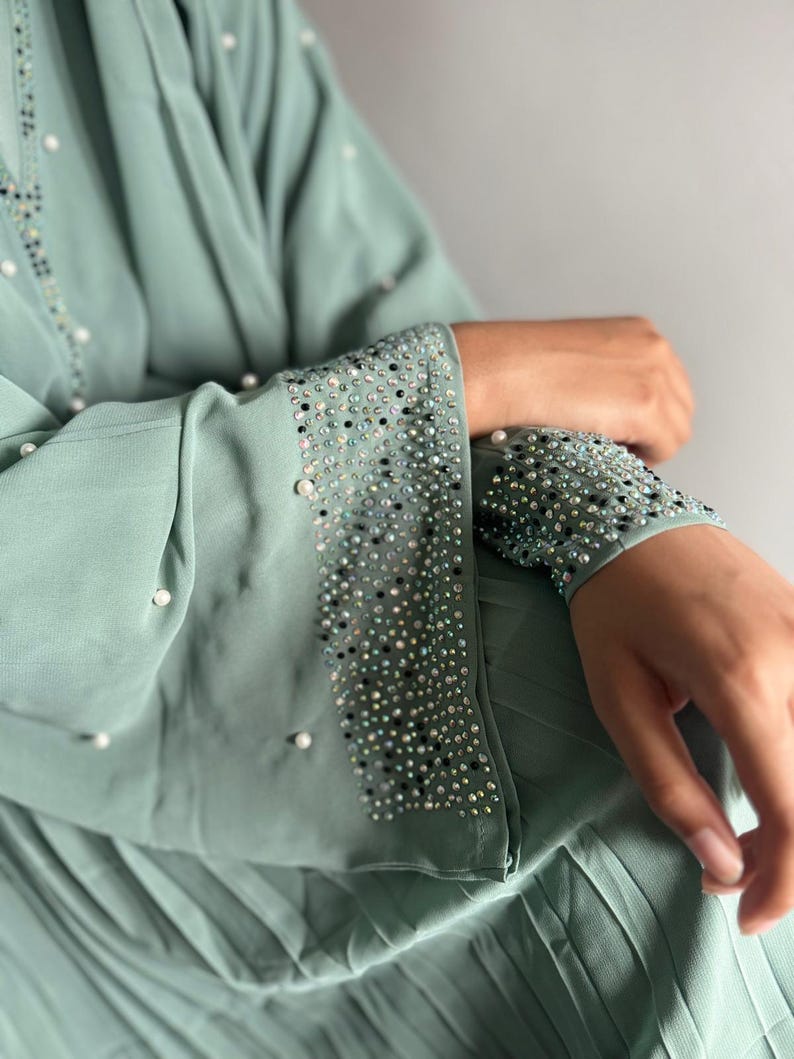 Elegant Chiffon Abaya Set: Pearls, Gemstones, Pleats - Eid Ramadan - Etsy
