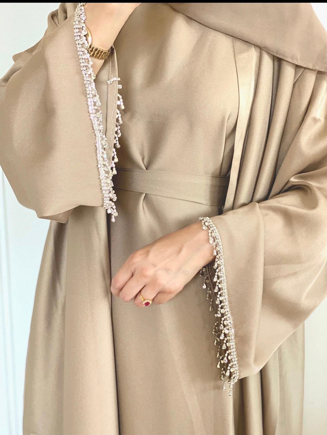 Elegant Diamond Trim Abaya: 3-piece Silk Satin Party Dress - Etsy