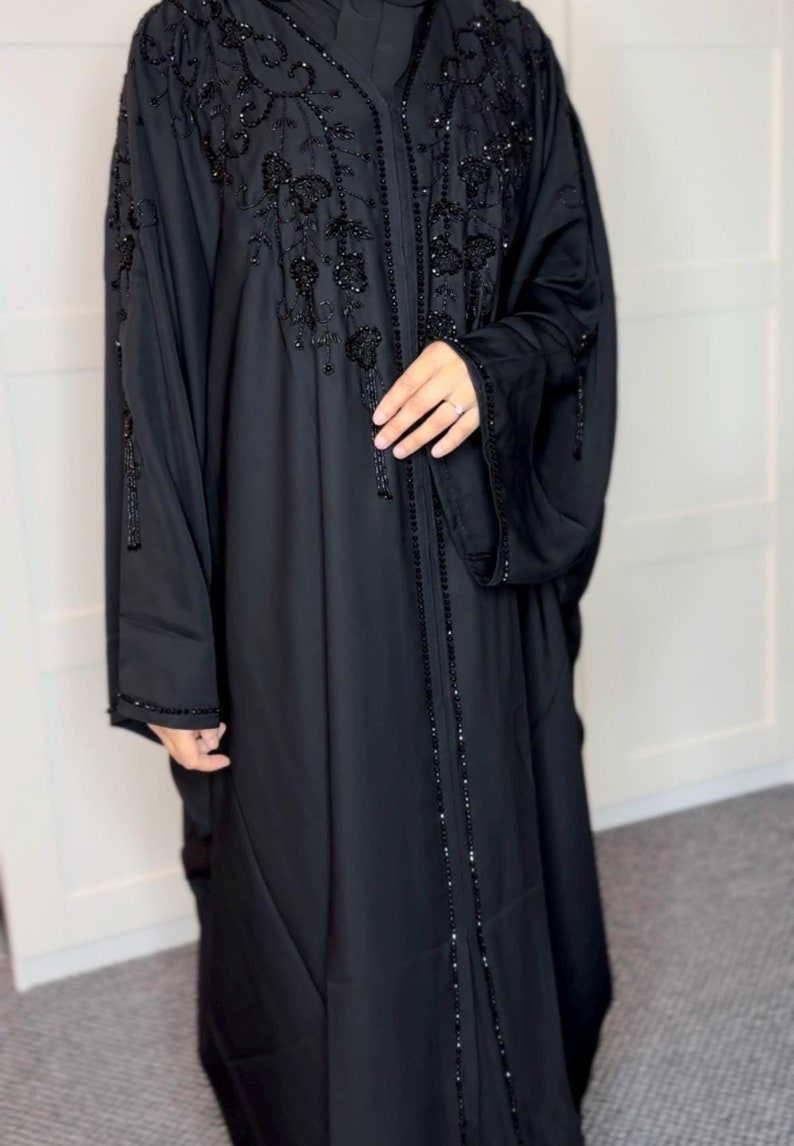 Black Beaded Nida Abaya: Batwing Open Abaya With Scarf, Butterfly Cut ...