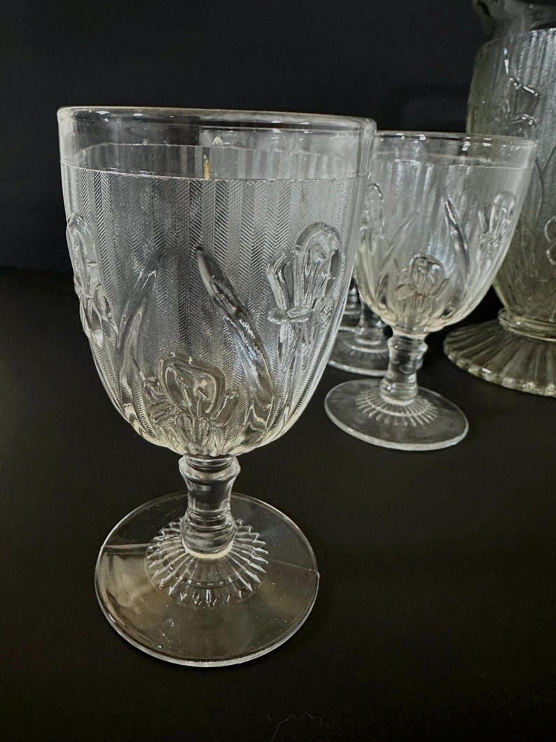 Vintage Iris & Herringbone Wine/water Glasses and Footed Pitcher by Jeannette Glass Co. - Etsy