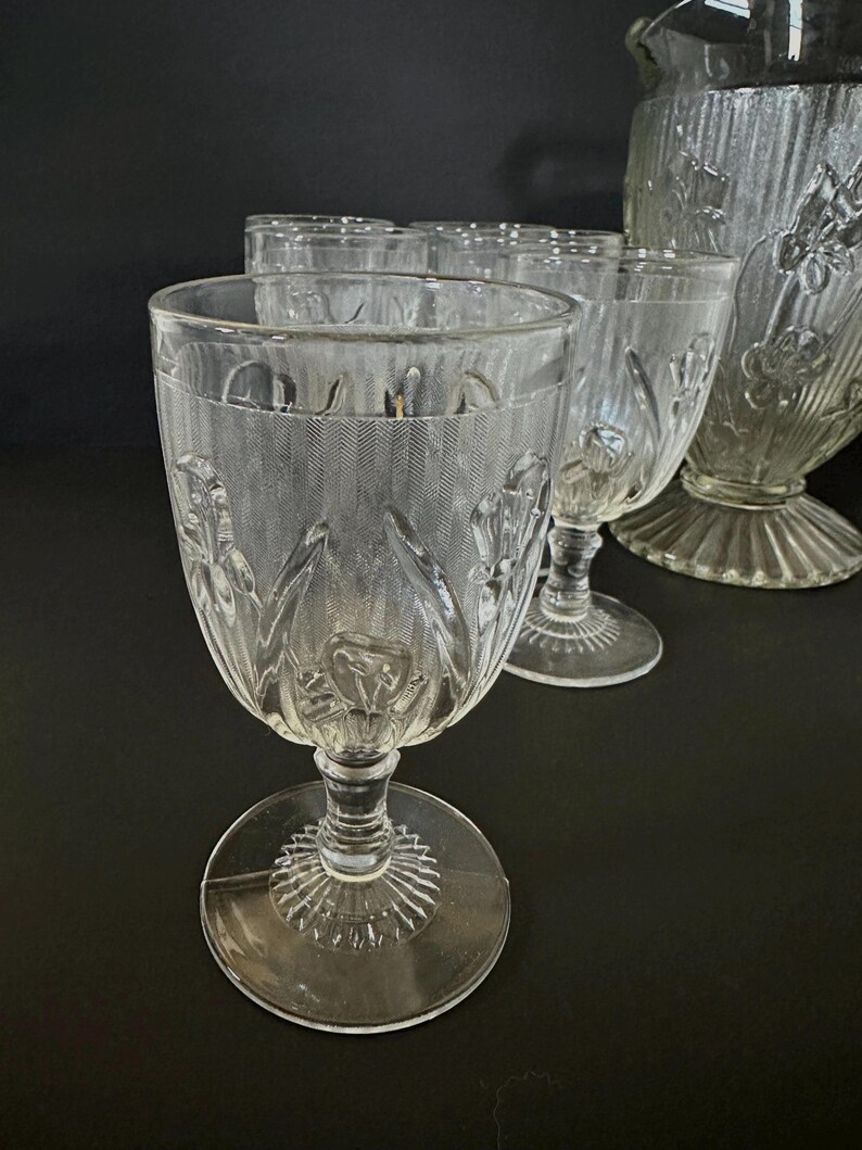 Vintage Iris & Herringbone Wine/water Glasses and Footed Pitcher by Jeannette Glass Co. - Etsy