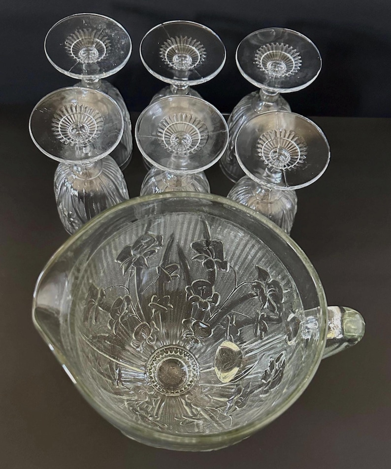 Vintage Iris & Herringbone Wine/water Glasses and Footed Pitcher by Jeannette Glass Co. - Etsy