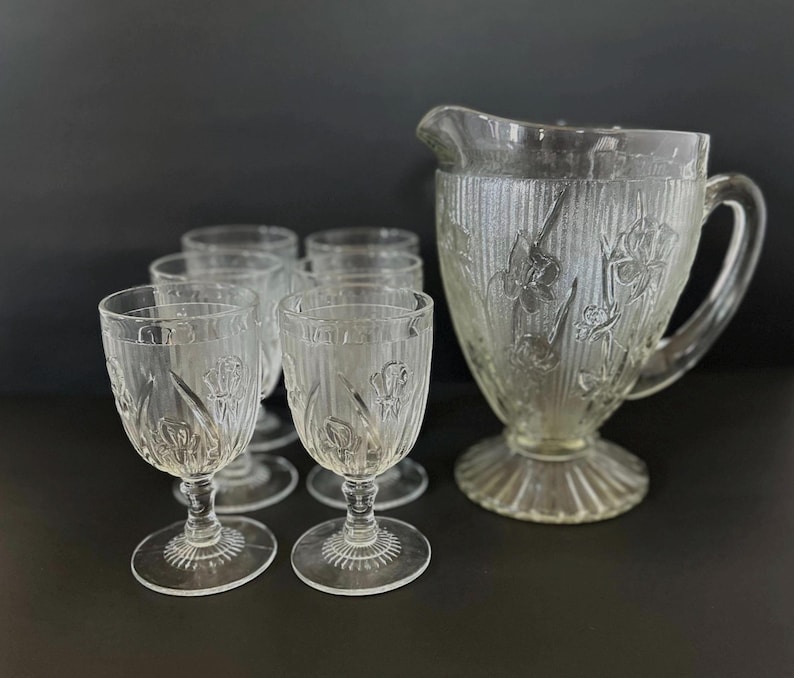 Vintage Iris & Herringbone Wine/water Glasses and Footed Pitcher by Jeannette Glass Co. - Etsy