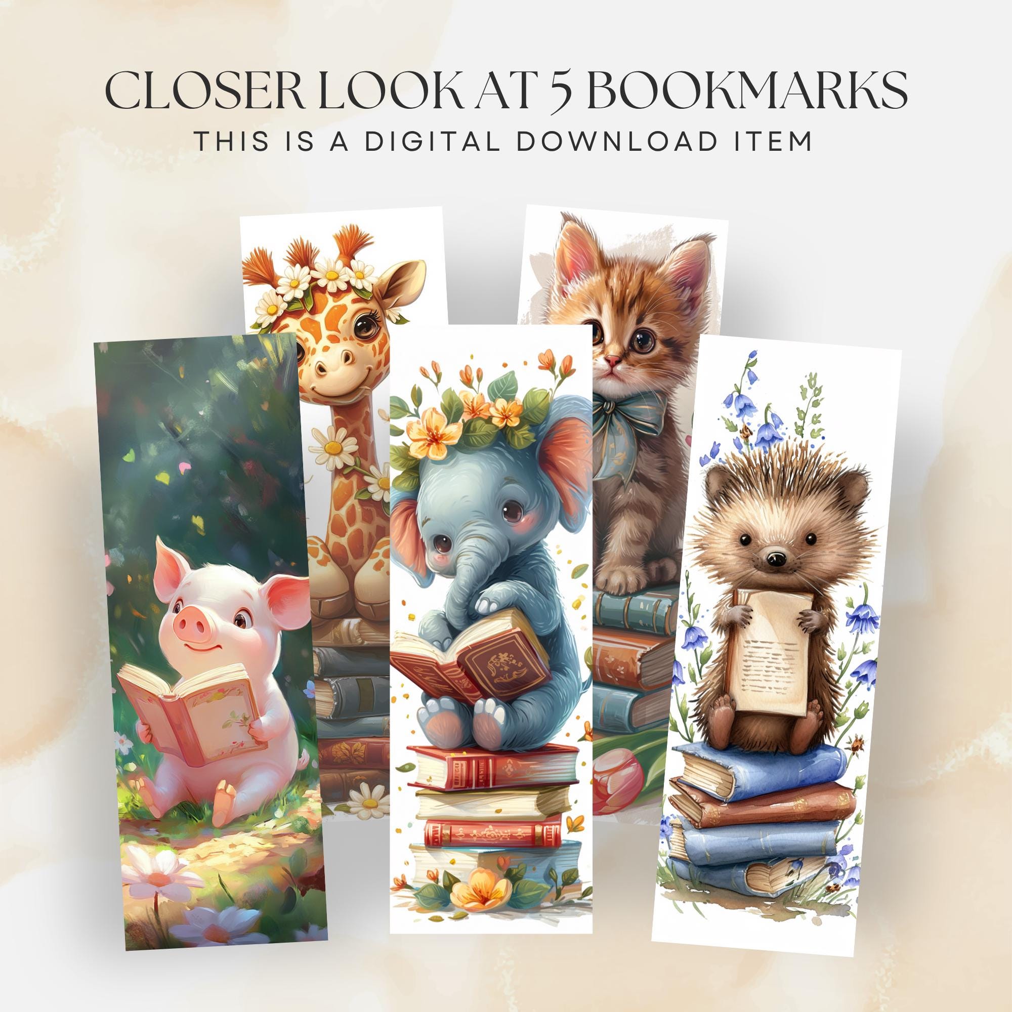 Stacked Books Bookmark Set: Animal Designs, Printable DIY (PDF and PNG ...