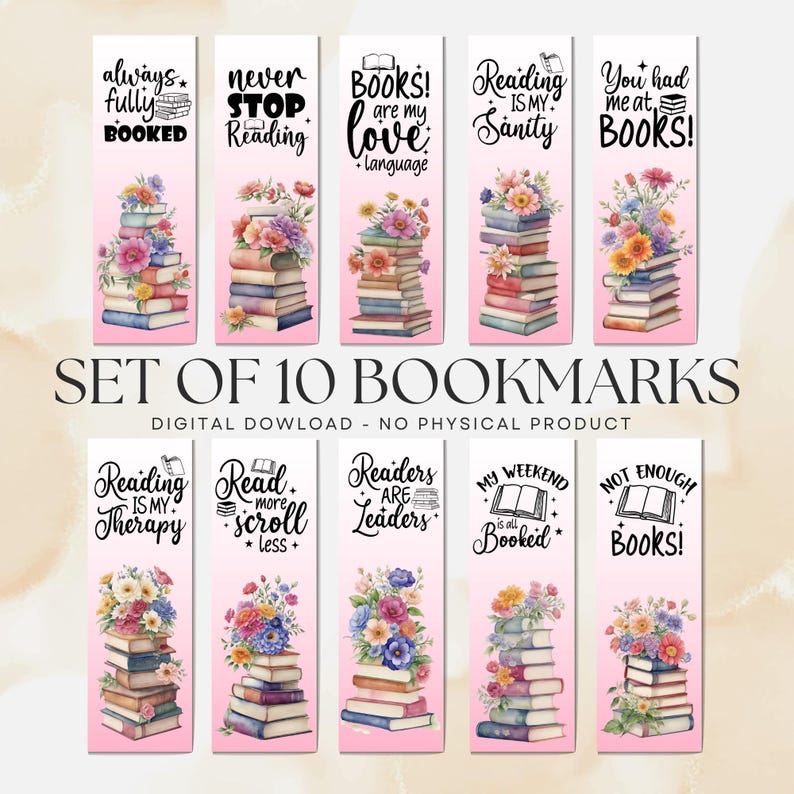 Floral Bookmarks: Pink Stacked Bookmarks (digital Download, PDF and PNG ...