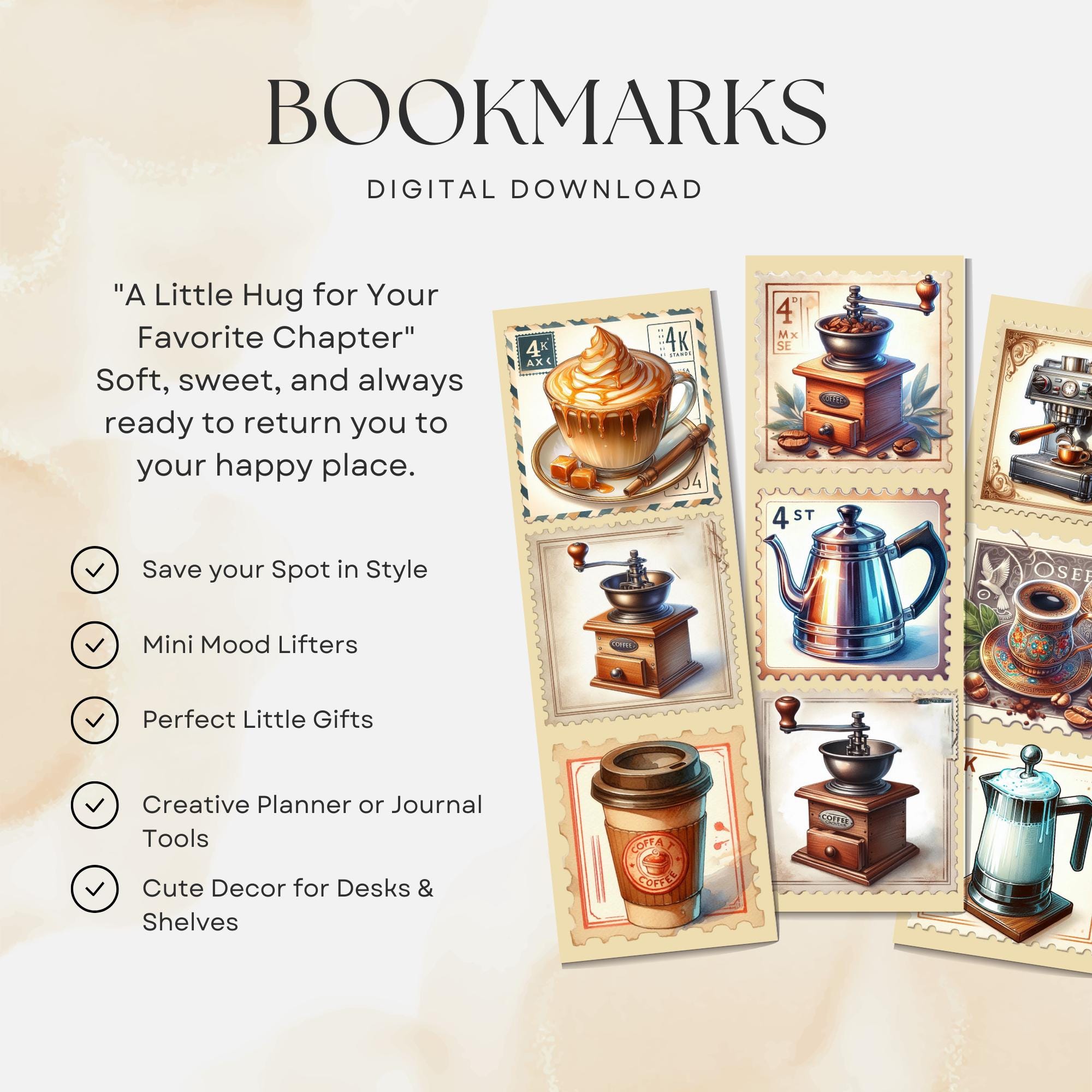 Printable Bookmark Set: Coffee & Postage Stamp Designs (PDF and PNG ...