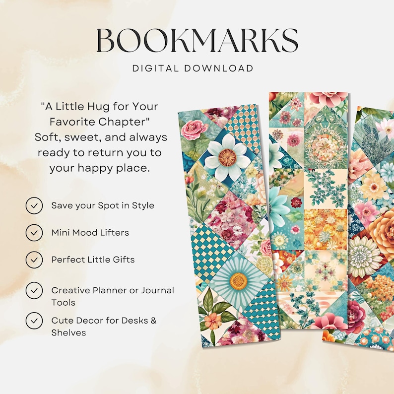 Printable Patchwork Bookmarks Set: Book Lover DIY Gift (PDF Download ...
