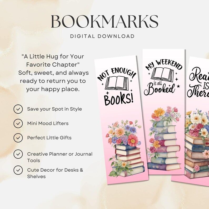 Floral Bookmarks: Pink Stacked Bookmarks (digital Download, PDF and PNG ...