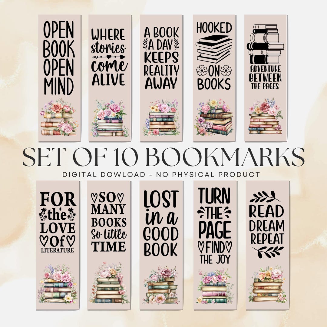 Floral Bookmarks With Stacked Books Design | Printable Digital Download ...