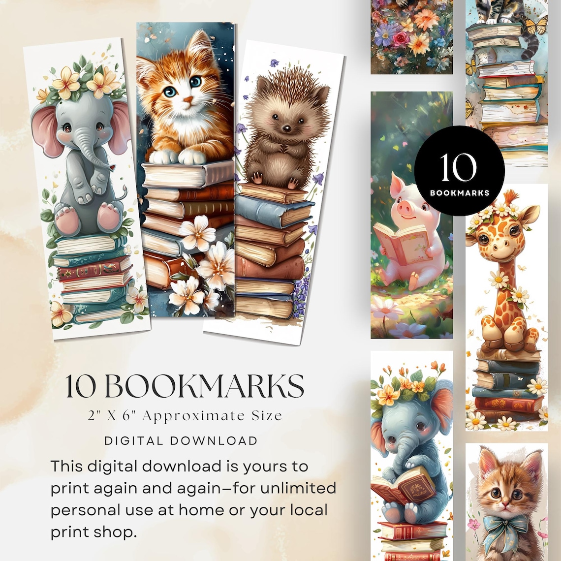 Stacked Books Bookmark Set: Animal Designs, Printable DIY (PDF and PNG ...