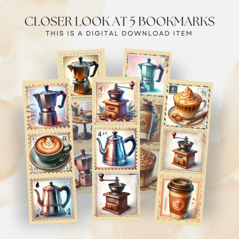Printable Bookmark Set: Coffee & Postage Stamp Designs (PDF and PNG ...