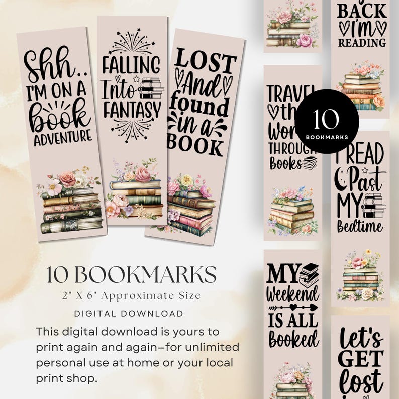 Floral Bookmarks: Stacked Books Design, DIY Gift (PDF and PNG Download ...