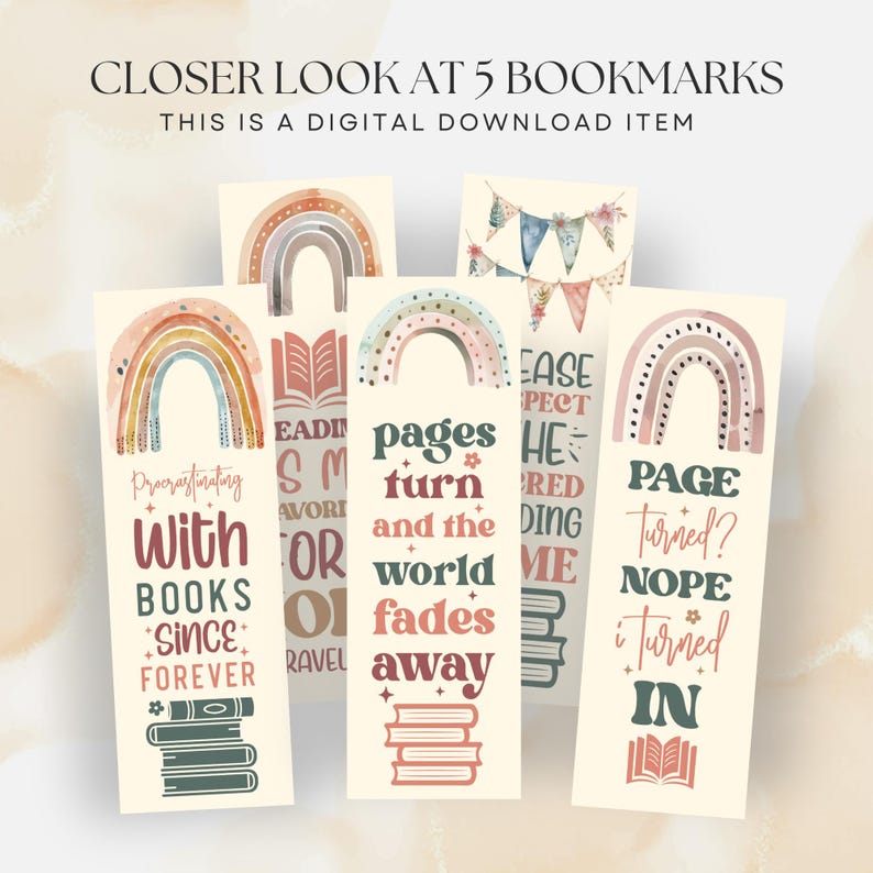 Rainbow Boho Bookmarks Digital Download | Printable Book Lover Gift DIY ...