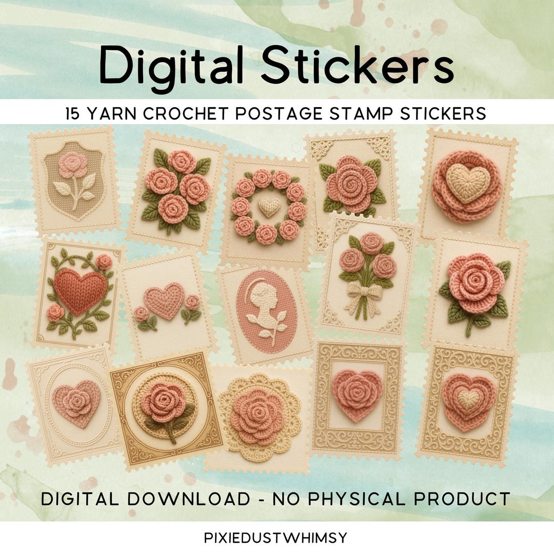Yarn Crochet Postage Stamp Stickers, 15 PNG + PDF Sheet, Digital ...