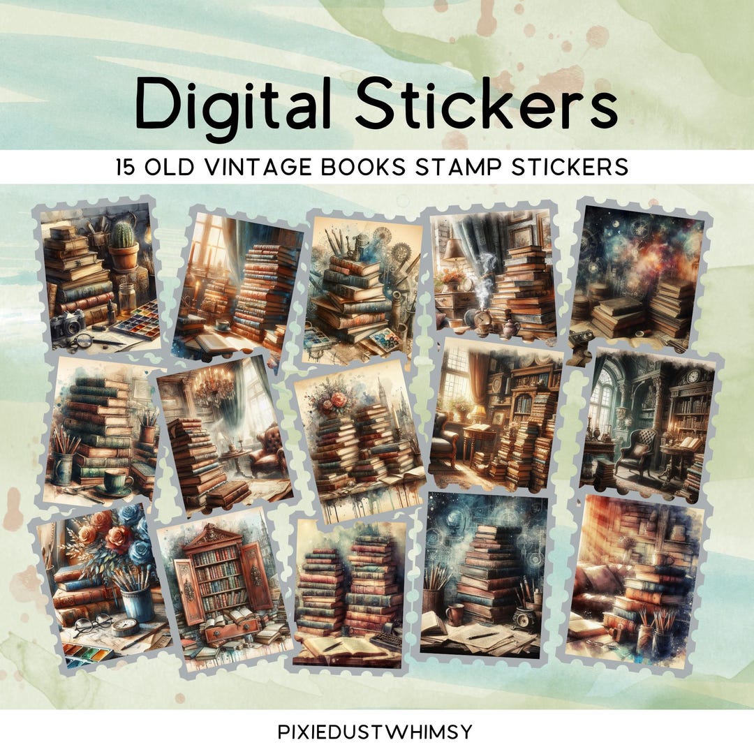 Old Vintage Books Stamp Stickers, 15 PNG + PDF Sheet, Digital Download ...