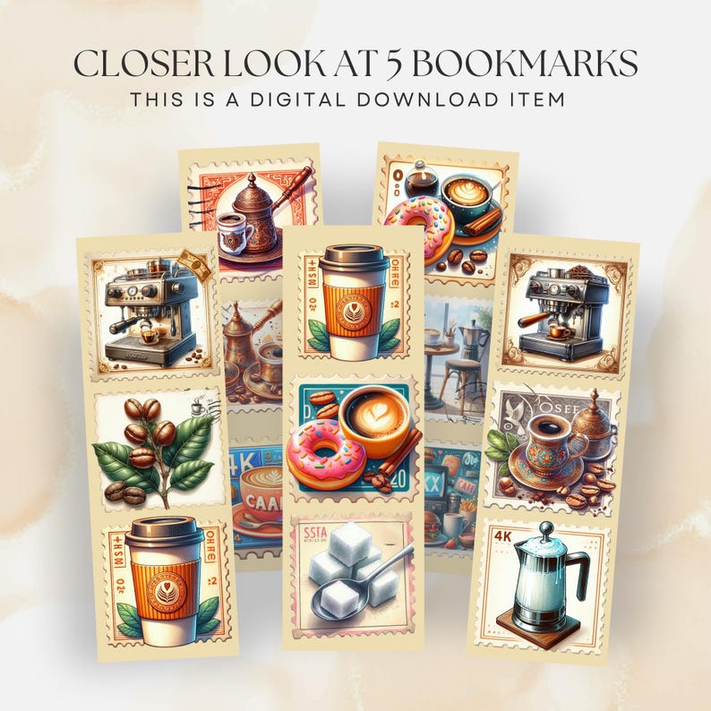 Printable Bookmark Set: Coffee & Postage Stamp Designs (PDF and PNG ...