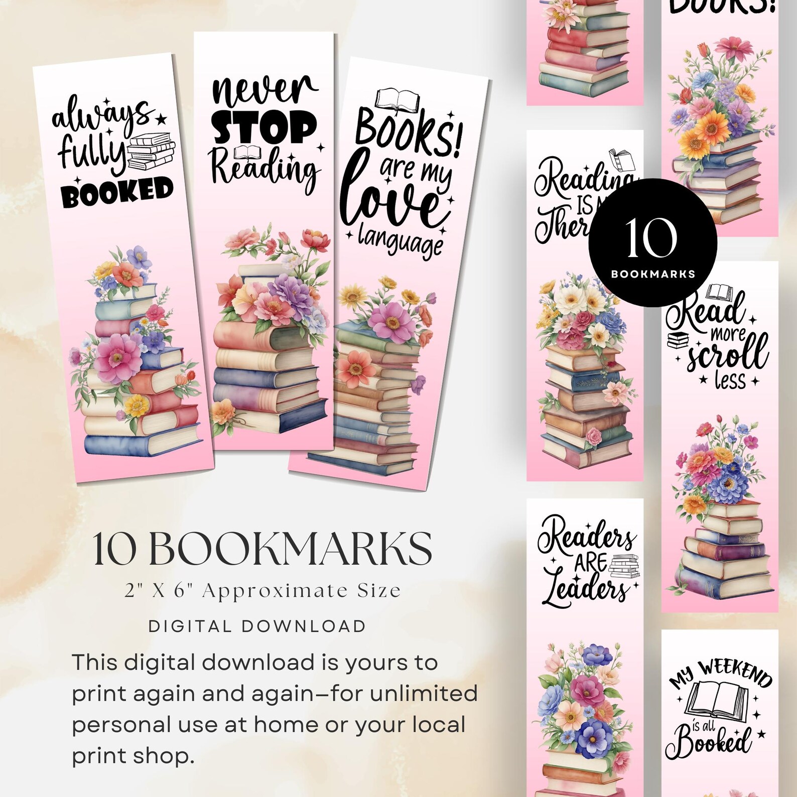 Floral Bookmarks: Pink Stacked Bookmarks (digital Download, PDF and PNG ...