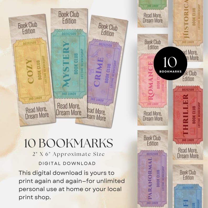Book Club Ticket Bookmarks V1, Book Lover Gift, Various Genres (PDF and ...