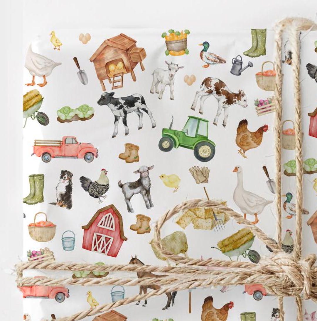 Farm Animal Gift Wrap. Tractor & Barn Wrapping Paper. Cow - Horse - Pig ...