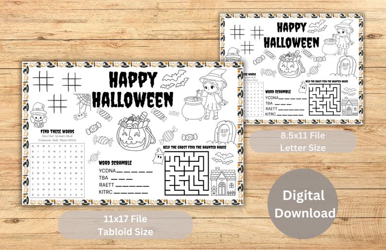 Halloween Coloring Placemat Printable Activity Sheet Halloween Party ...
