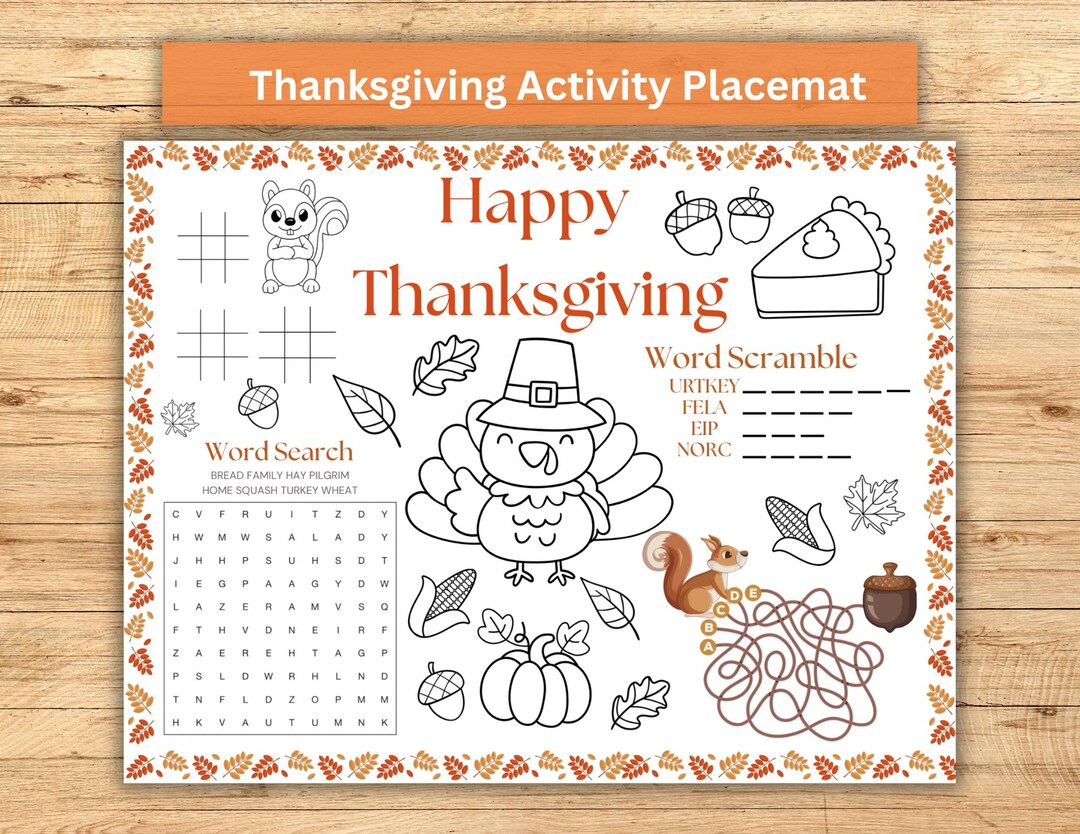 Thanksgiving Coloring Placemat Printable Activity Sheet Thanksgiving ...
