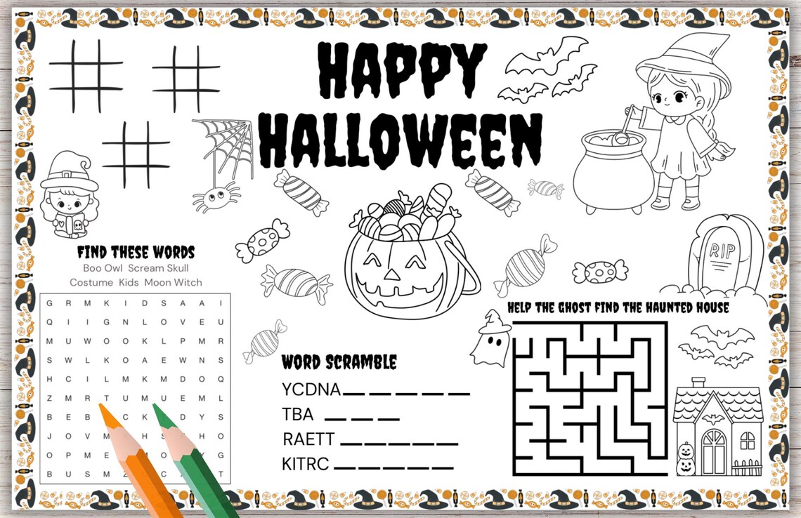 Halloween Coloring Placemat Printable Activity Sheet Halloween Party ...