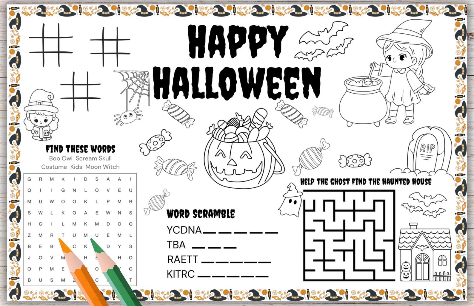 Halloween Coloring Placemat Printable Activity Sheet Halloween Party ...
