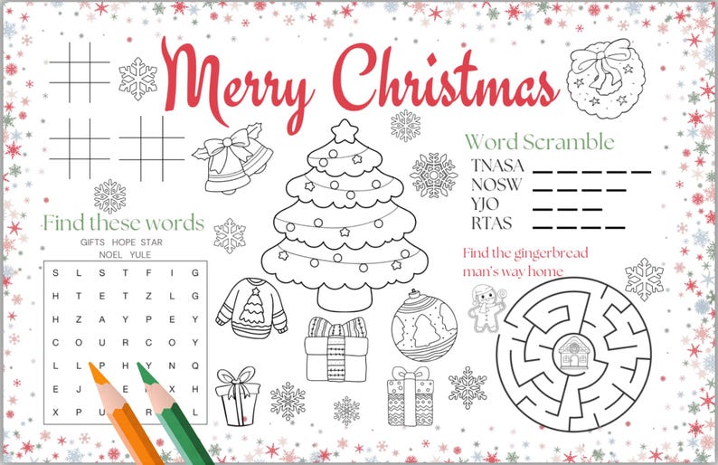 Christmas Coloring Placemat Printable Activity Sheet Christmas Party ...