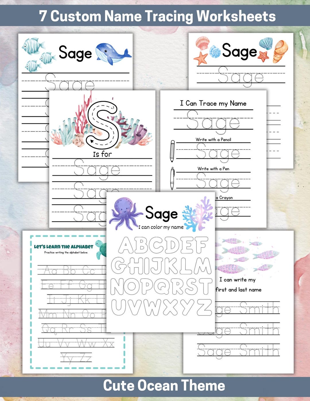 Custom Name Tracing Bundle Ocean Animal Handwriting Practice ...