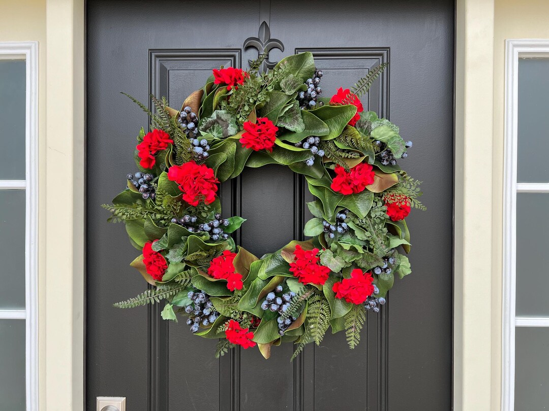 Red Geranium and Magnolia Wreath With Fern and Blueberries, Spring and ...