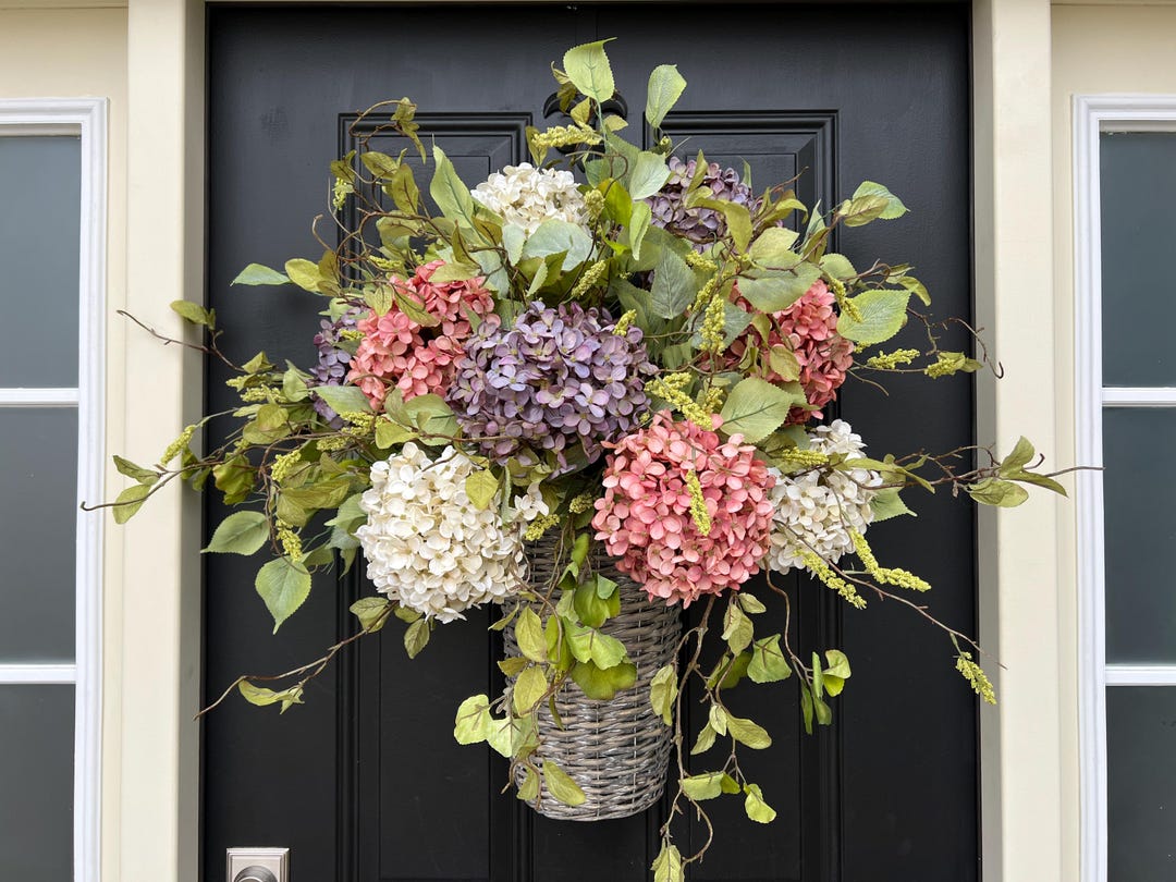 Hydrangea Basket Wreath, Large Front Door Floral Container, Decorative ...