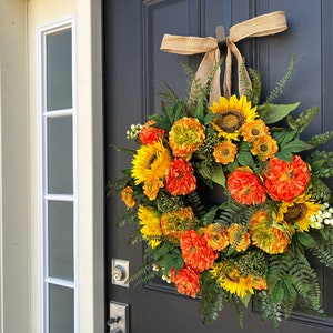 Faux Sunflower Wreath 22" | Front Door Spring Wreaths | Peony and Mum ...