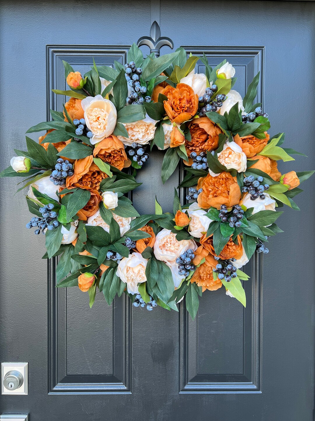 24 Inch Spring Peony Wreath With Blueberries, Front Door Coffee and ...